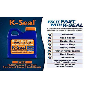 K-Seal ST5501 Multi-Purpose One Step Permanent Coolant Leak Repair, 8oz, Pour and Go, Mixes with All Antifreeze, No Flushing Required
