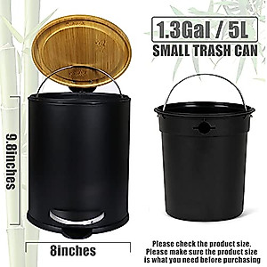 SIDIANBAN Small Bathroom Trash Can with Bamboo Lid Soft Close and Foot Pedal, 1.3Gal/5L Round Garbage Can with Removable Inner Wastebasket for Bedroom, Powder Room, Craft Room, Office, Kitchen, Black