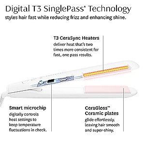 T3 SinglePass StyleMax Professional 1" Ceramic Flat Iron with Custom Heat Automation, 9 Heat Settings, Longer Ceramic Plates, For Straightening, Waving, Curling & Styling