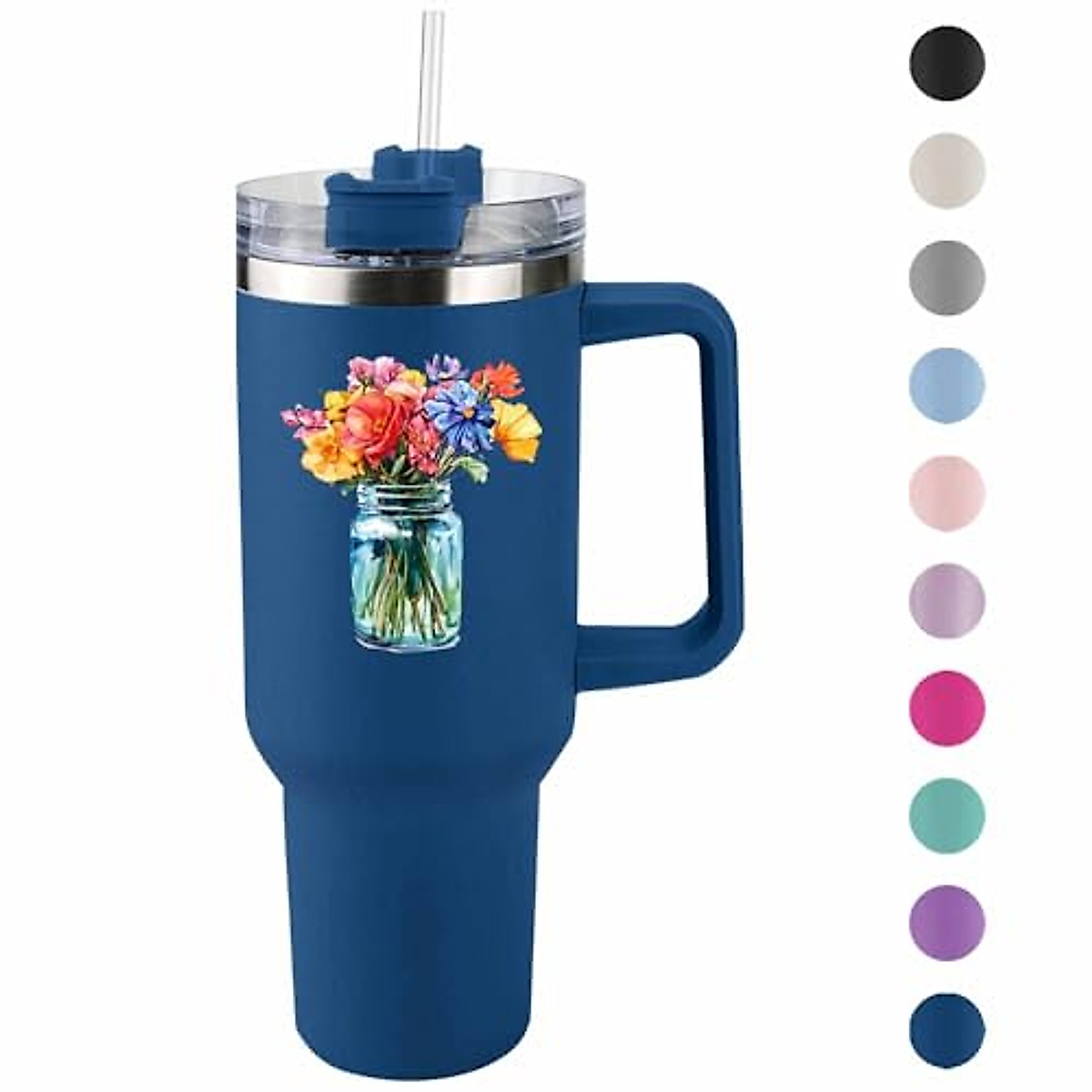 LB LEOBON 40 ounce insulated cup with handle, double-layer vacuum stainless steel material, equipped with straw, can keep warm or maintain cold drinks Original Vase Cowboy Blue