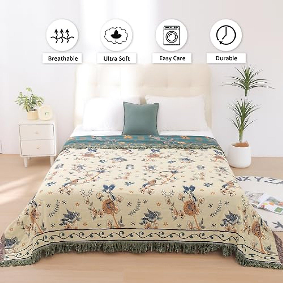 VANJOROY Boho 100% Cotton Large Throw Blanket - All Season Rustic Ultra Soft Breathable Floral Bird Blanket for Bed Sofa Couch Chair Bedspread Quilt Gift, 60" x 80"-Teal,Beige