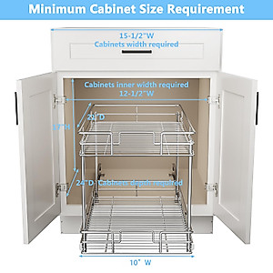 LOVMOR Cabinet Organizer, 2-Tier Pull Out Cabinet Organizers 11" W x 21" D, Pull Out Home Organizers Chrome Pull Out Drawer for Base Cabinet Silver