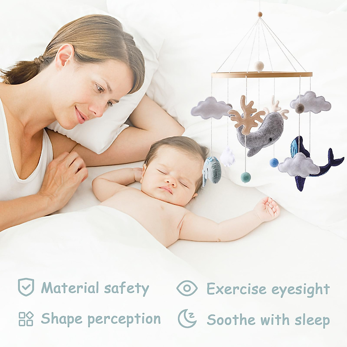 Baby Mobile for Crib丨Baby Nursery Mobiles丨Handmade Felt Ocean Animal Mobile for Crib Baby Boys and Girls丨Woodland Nursery Decor for Infant Bedroom Hanging丨 Gender Neutral Baby Stuff（Whales）