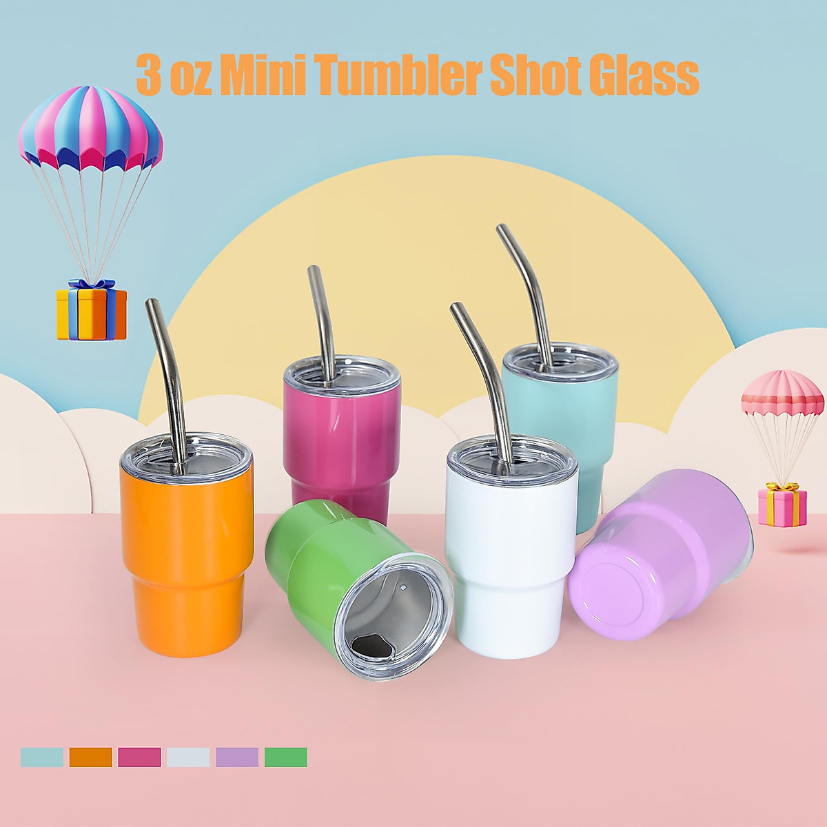 FECBK 3 oz Mini Tumbler Shot Glass with Straw and Lid 12 Pcs Sublimation Shot Glasses Tumblers Blank Stainless Steel Cute Shot Glasses Set for Wedding Party Whiskey Cocktail Bar, 6 Colored