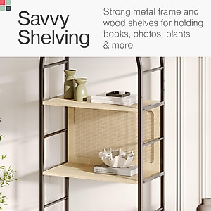 4 Tiered Arched Bookshelf with Natural Rattan Backing - Modern Home Decor - Boho Rattan Bookshelf - Arched Bookcase - Wooden Open Arched Cabinet with Shelves - Metal and Wood Bookshelf (Light Oak)