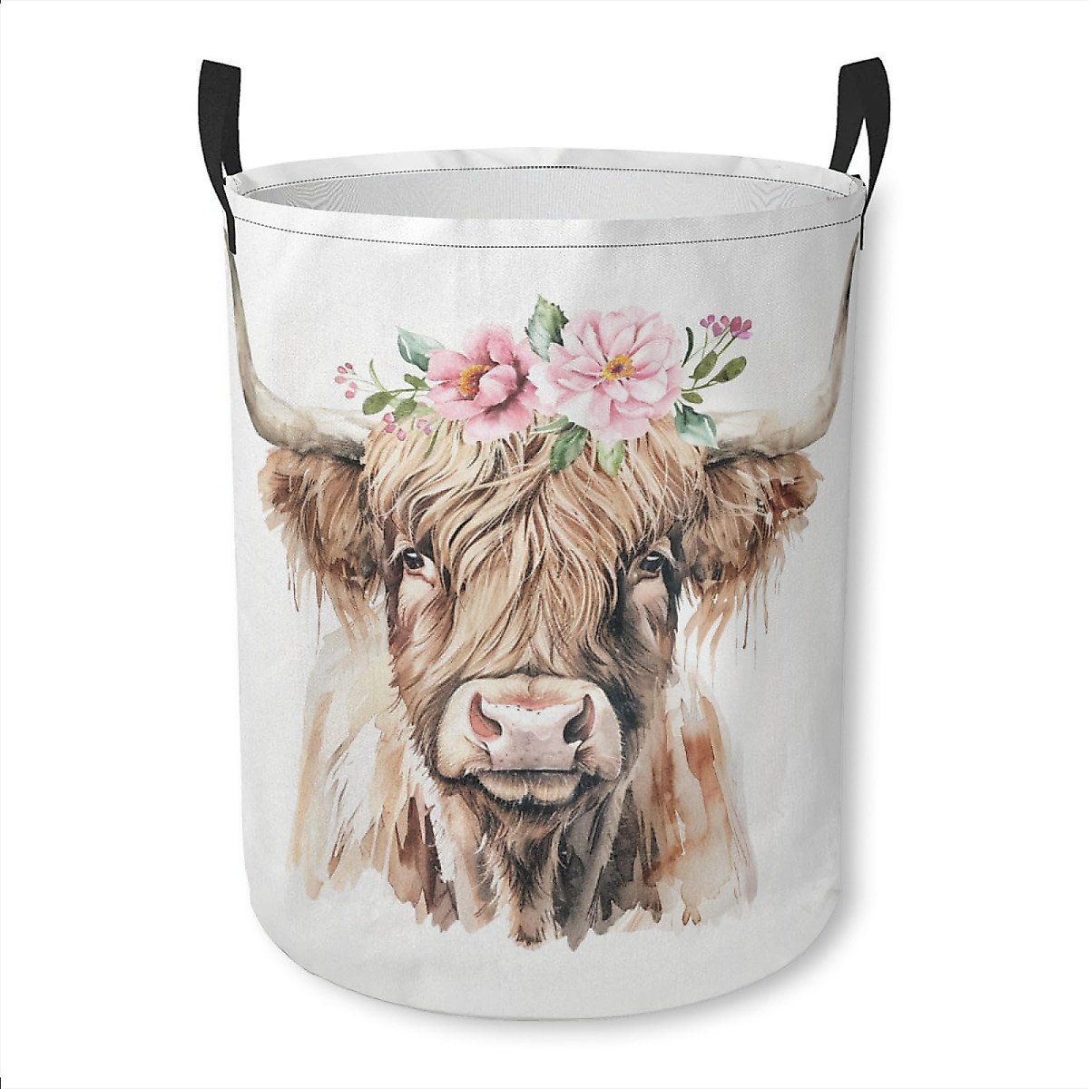 Laundry Basket Pink Floral Highland Cow Collapsible Laundry Hamper with Handles Clothes Storage Bin for Household Bedroom Bathroom College Dorms