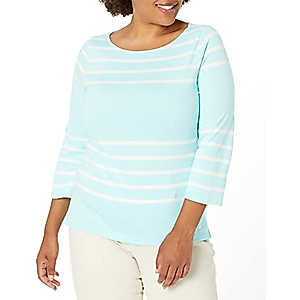 Nautica Women's Boatneck 3/4 Sleeve 100% Cotton Shirt, Aruba Blue, Large