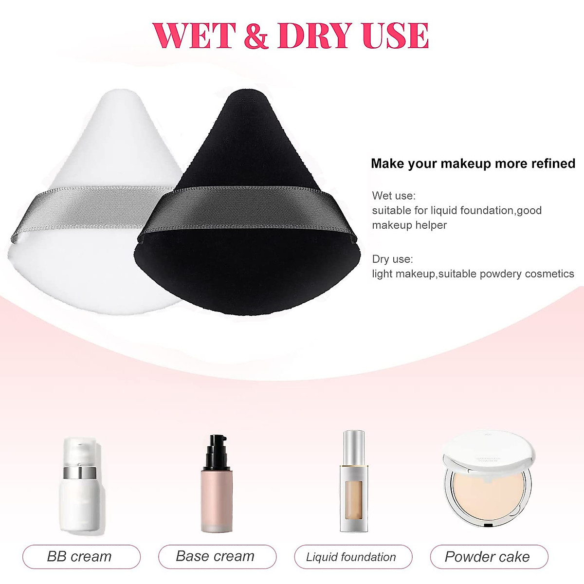 4 Pieces Pure Powder Puff Face Triangle Soft Makeup Powder Puff for Loose Powder with Strap Cosmetic Foundation Wet Dry Makeup (Black, White, pink, nude)