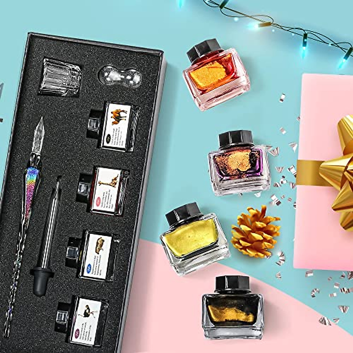 ESSSHOP Handmade Glass Dipped Pen and Ink Set - 15ml Color Inks, Pen Holder, Cleaning Cup, Ink Drip Tool, Crystal Signature Dip Pen for Art, Writing, Signatures, Calligraphy - Valentines Day Gifts Set