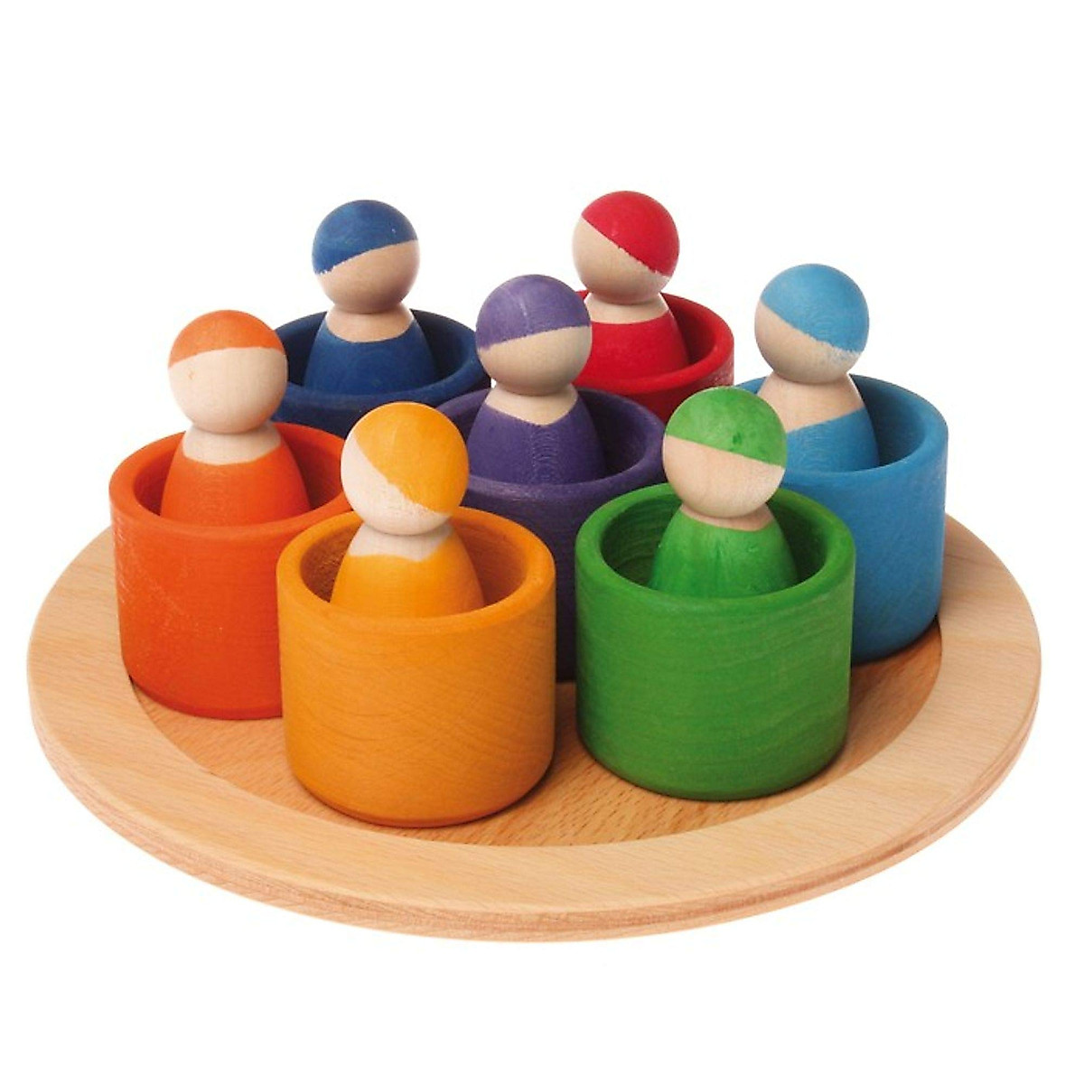 Grimm's Seven Friends in 7 Bowls: Set of Wooden Sorting & Matching Rainbow Peg Dolls with Little Cups and Tray