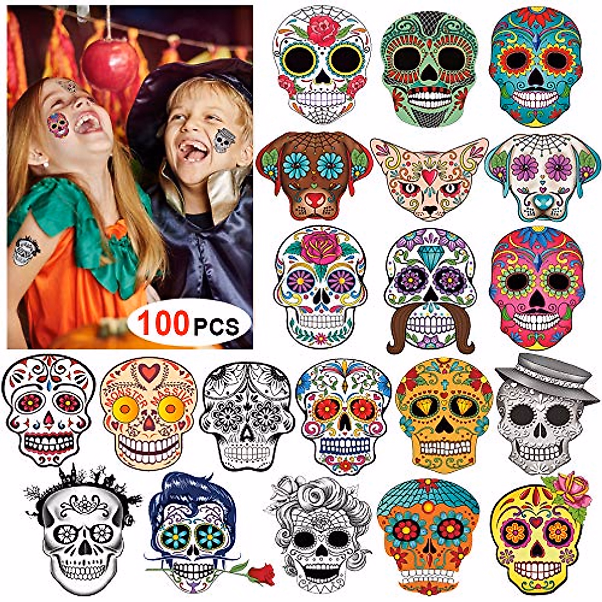 Day of the Dead Sugar Skull Tattoos(100Counts),Konsait Halloween Temporary Face Tattoos Sugar Skull Puppy Black Skeleton Web Red Roses Tattoo for kids Boys Girls Mexican Halloween Party Favor Supplies