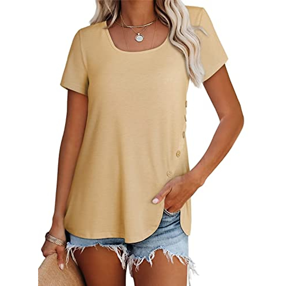 Dokotoo Womens Blouses Ladies Square Neck Tops Hide Belly Short Sleeve Summer Tunic Tops to Wear with Leggings Khaki X-Large