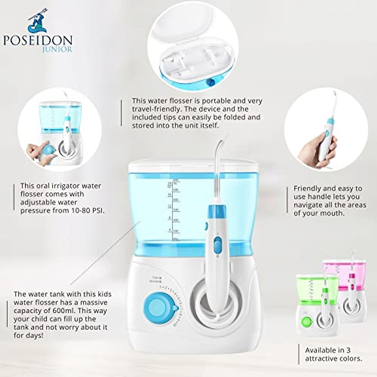 ToiletTree Products Children's Countertop Water Flosser – Portable Oral Irrigator for Kids - Electric Dental Water Flossing Tool with 600ML Water Tank & Free 2 Soft Tips – Suitable for Travel & Home