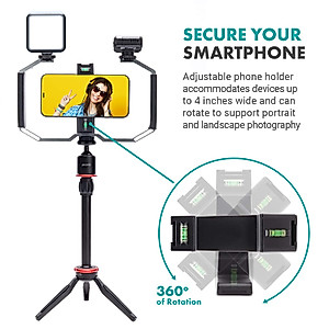 Movo iVlog4 Smartphone Video Bundle with Wireless Microphone System, Mini Tripod, LED Camera Light, Wide-Angle Lens - Cage and Cell Phone Tripod Stand - Lavalier Microphone for iPhone and Android