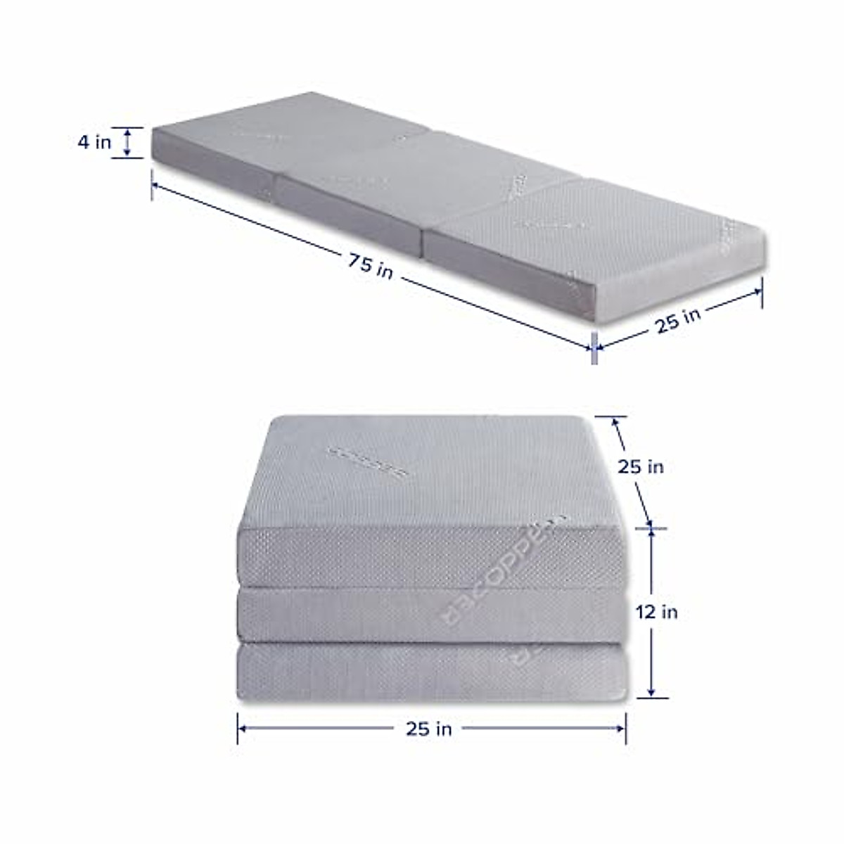 Olee Sleep Tri-Folding Antibacterial Memory Foam Mattress Topper, 4 Inch Copper Bamboo Gel Folding Mattress, Washable Cover, CertiPUR-US Certified, Soft, Grey, Single Size