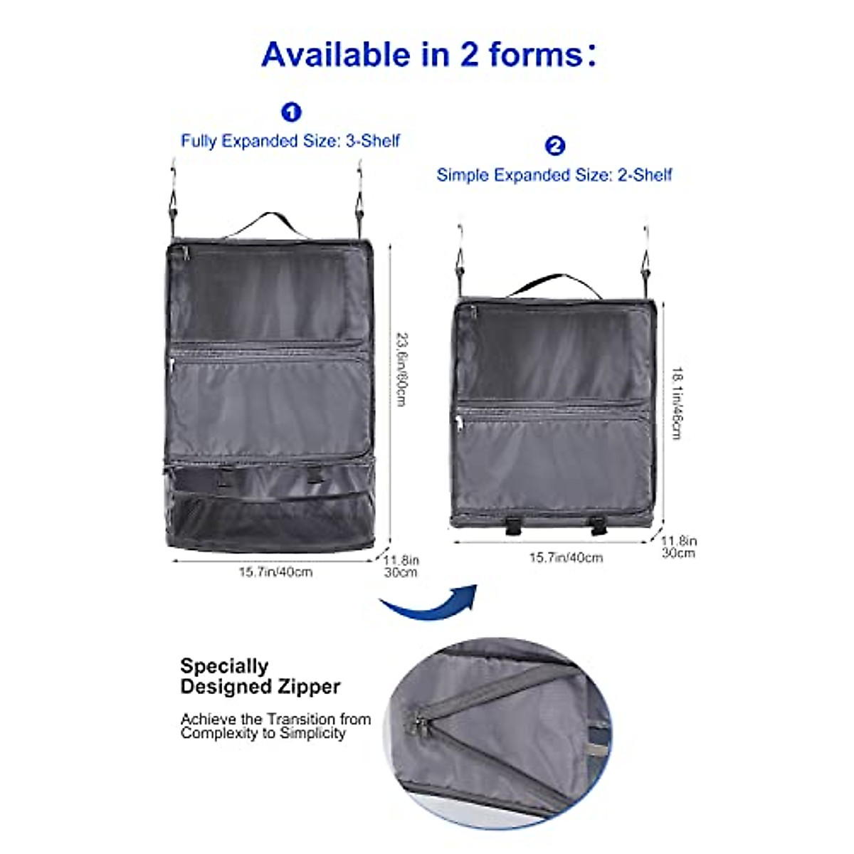 ELEZAY Hanging Packing Cubes Portable Closet 3-Shelf Travel Collapsible Compression Garment Organizer for Carry-on Luggage Suitcase Space Saver Bag XX-Large, Black