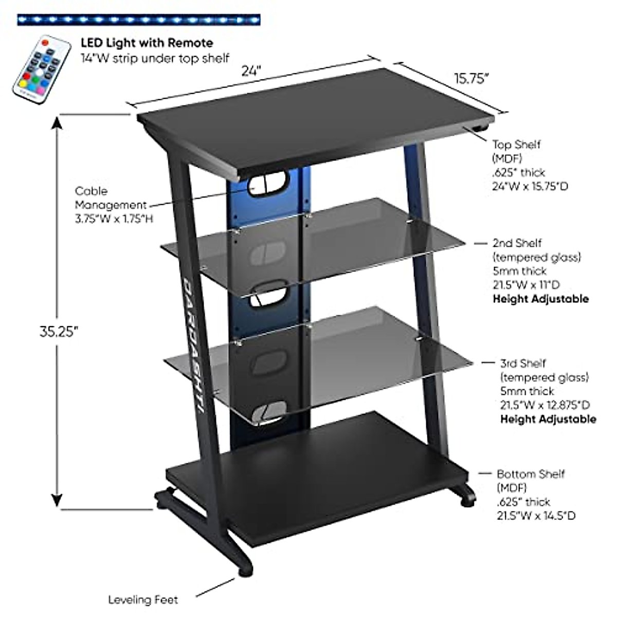 Atlantic Dardashti 4-Tier Gaming Shelf Console Storage, Modern Display Shelving Unit for Gaming Desk Setup Workstation - Midight Black