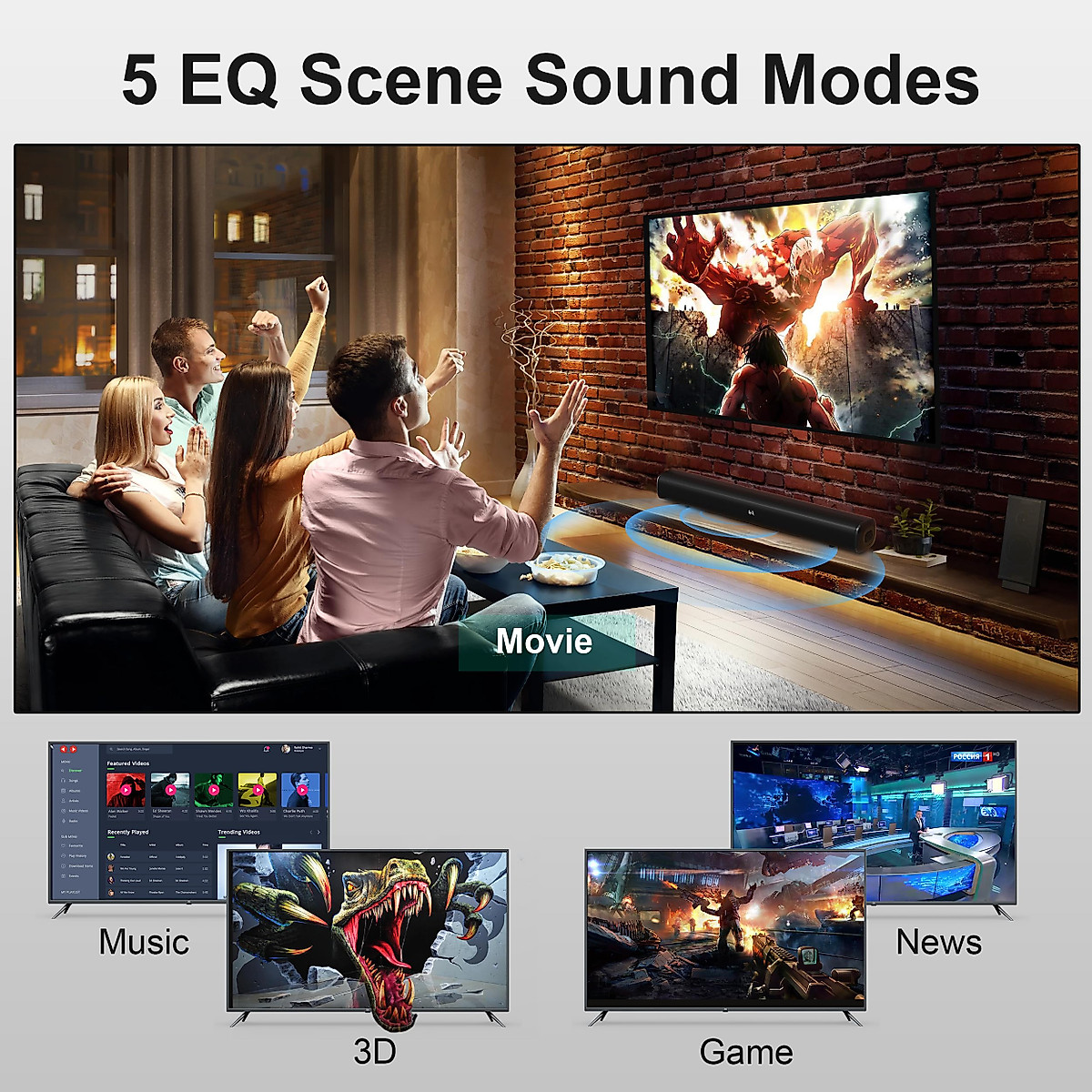 Passau Sound Bars for TV Speaker 22 Inch 60W Full-Range Divers, LED Display, Bass Adjustable, Bluetooth 5.3 Soundbar, HDMI(ARC)/USB/AUX Inputs, 5 EQ Surround Sound System TV Sound Bar for Home Audio