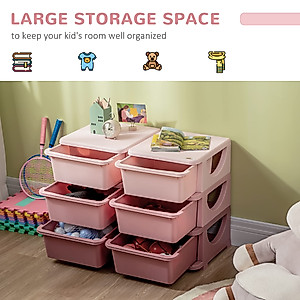Qaba 3 Tier Kids Storage Unit, 6 Drawer Chest Toy Organizer Plastic Bins for Kids Bedroom Nursery Kindergarten Living Room for Boys Girls Toddlers, Pink