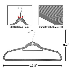 Closet Accessories, Velvet Hangers, Ultra Slim Space Saving, notches, tie bar, Swivel Hook,10 Pack, with 20 Matching Velvet Finger Clips (Grey)