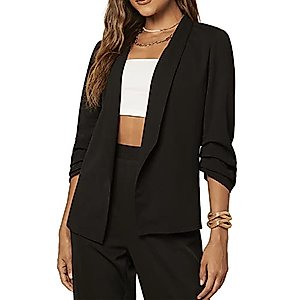 Verdusa Women's 3/4 Length Sleeve Shawl Collar Ruched Sleeve Open Front Suiting Blazer Black M