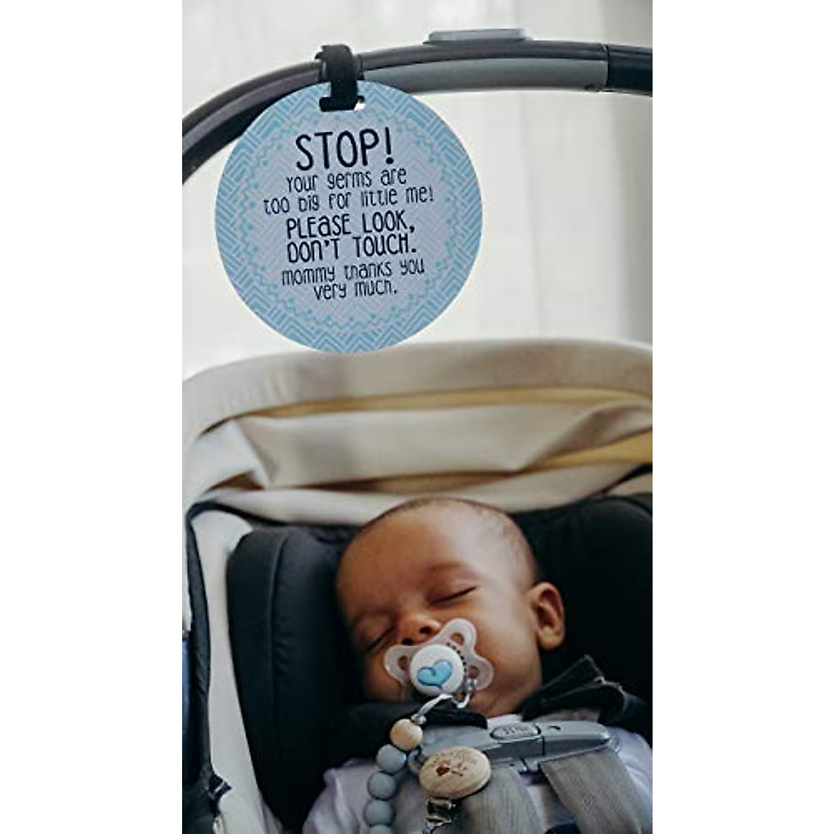 THREE LITTLE TOTS – Blue Stop Please Look Don't Touch Baby Car Seat Sign or Stroller Tag - CPSIA Safety Tested