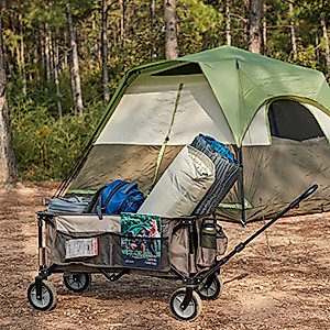 TIMBER RIDGE Folding Utility Wagon, Heavy Duty Foldable Garden Cart with Side Pocket and Cup Holders, Collapsible Wagon Cart for Garden, Sports, Shopping and Camping, Tan