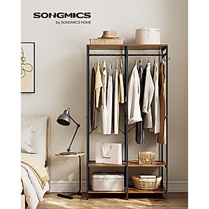 SONGMICS Clothes Rack, Iron and Wood Wardrobe Closet Organizer, Heavy Duty Garment Rack with Hanging Rods, Closet Shelves, Removable Hooks, 15.7 x 37.2 x 70.9 Inches, Rustic Brown URGR004B01