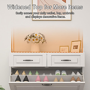 HANLIVES Hidden Shoe Cabinet for Entryway, Narrow Shoe Storage Organizer with 3 Doors 2 Drawers,4 Tier Wood Entry Shoe Cabinet,White Flip Down Shoe Rack for Hallway,Apartment