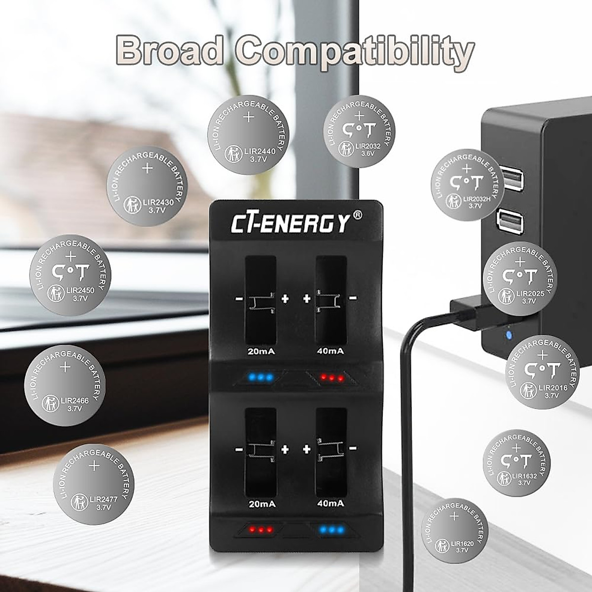 CT-ENERGY Lithium Coin Button Battery Charger for 2450 2032 2025 2016 1632 1620 Rechargeable Lithium-ion Button Batteries