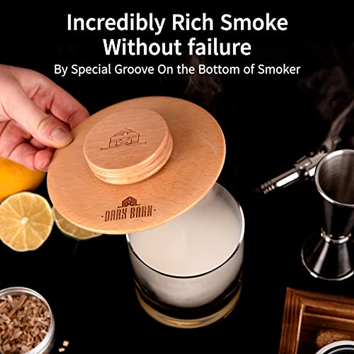 DARK BARN Cocktail Smoker Kit - Premium Bourbon & Whiskey Smoker Set, Innovative Design for Rich Smoke, Adjustable Flame Torch, Assorted Wood Chips, Double Jigger - Ideal Gift for Mixology Enthusiasts