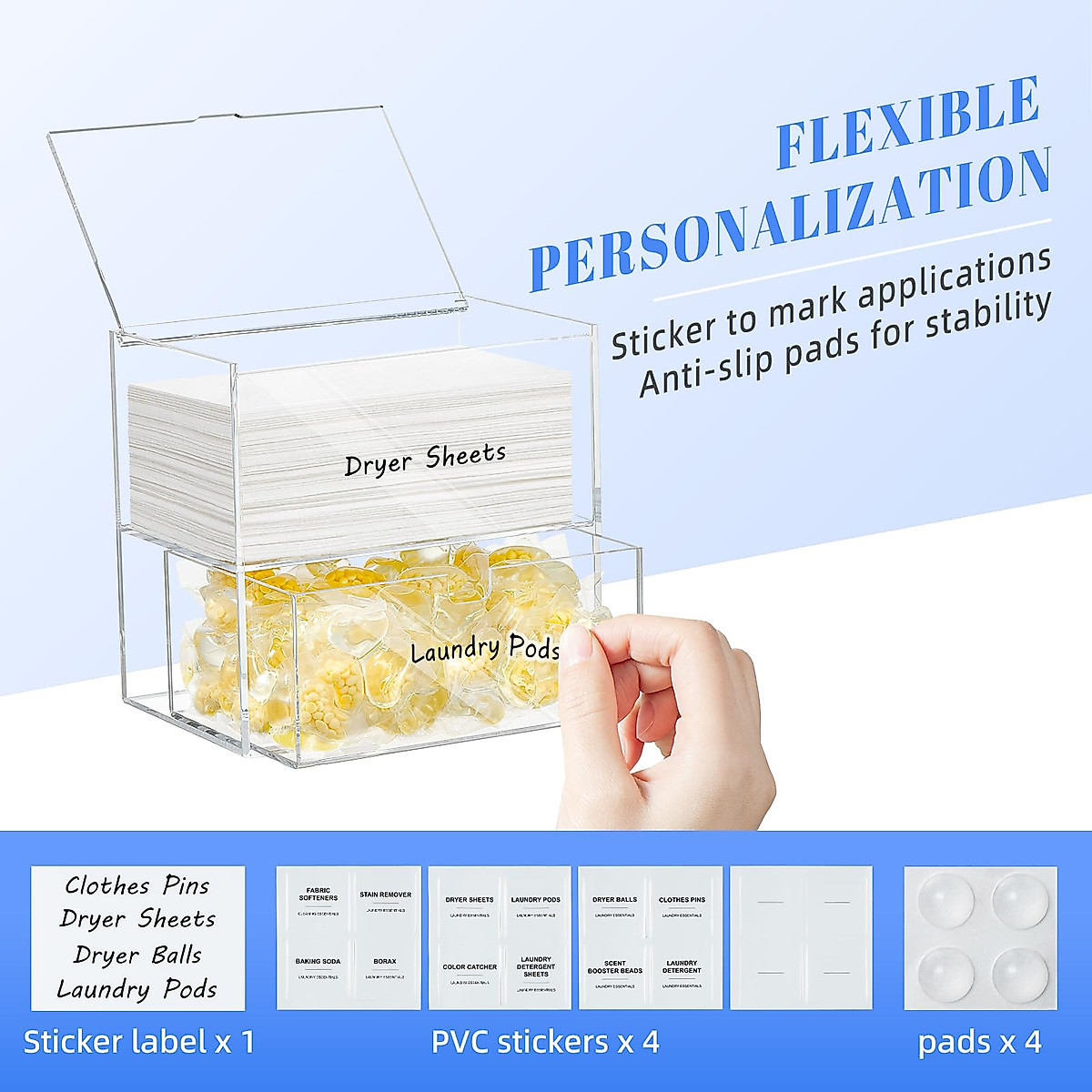 Dryer Sheet Holder, Dryer Sheet Container with Dryer Sheet Label, Acrylic Dryer Sheet Dispenser, Clear Laundry Room Organizer with Laundry Room Labels for Dryer Sheets, Laundry Pods, Dryer Balls