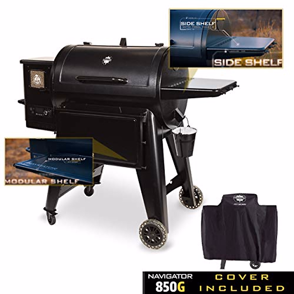 PIT BOSS PB850G Wood Pellet w/Fitted Grill Cover and Folding Front Shelf Included, 850 sq. inch, Black
