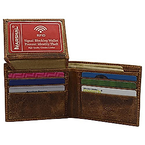 MARSHAL RFID Blocking Genuine Leather Men's Bifold Eagle USA Flag Wallet Gift (Brown)
