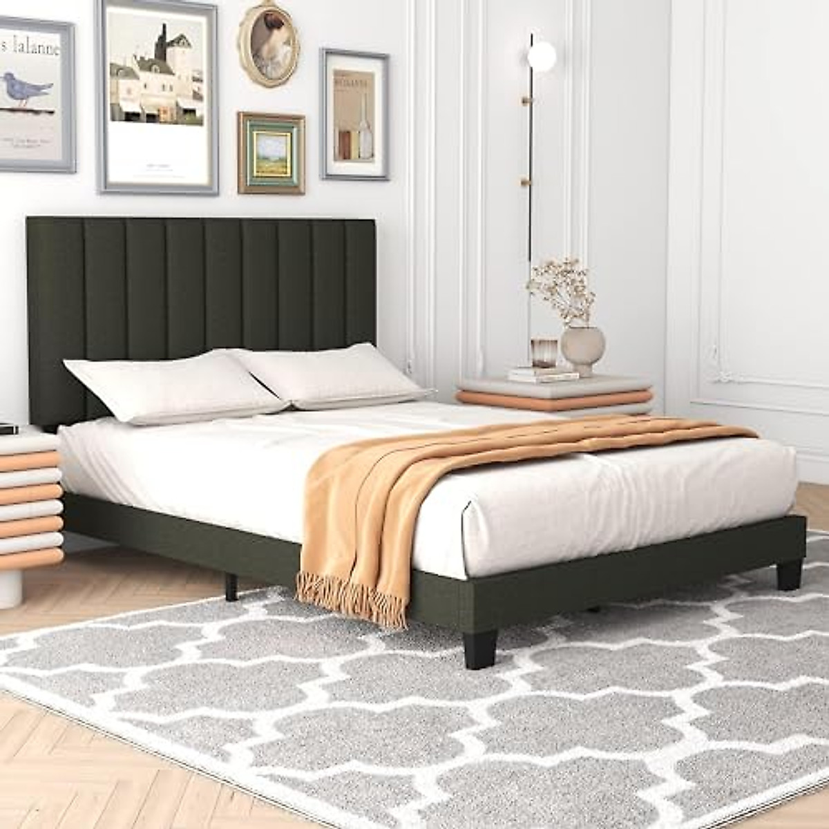 wOod-it Queen Platform Bed Frame with Headboard, Upholstered Bed Frame with Wingback, No Box Spring Needed, Easy Assembly Solid Wooden Slats, Noise-Free, Dark Gray