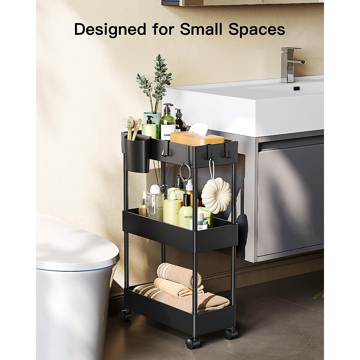 Pipishell Slim Storage Cart with Wheels, Bathroom Cart Organizer Bathroom Storage Small, Rolling Cart for Bathroom, Laundry Room, Kitchen, Narrow Space, Black PIUC04