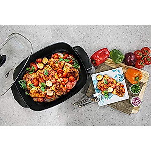 Elite Gourmet EG-8619 Non-Stick Deep Dish Heavy Duty Electric Skillet with Tempered Glass Vented Lid and Easy-Pour Spout, Dishwasher Safe, 1500W, 8 Quart, Rectangle 16" x 13", Black