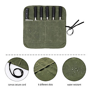 Chef Knife Roll Bag with 6 Slots,Waxed Canvas Knife Carrying Case,Chef Knife Bag,Knife Pouch Can Hold Home Kitchen Knife Tools up to 17 inch,Knife Storage for Travel Camping,BBQ,Culinary School.