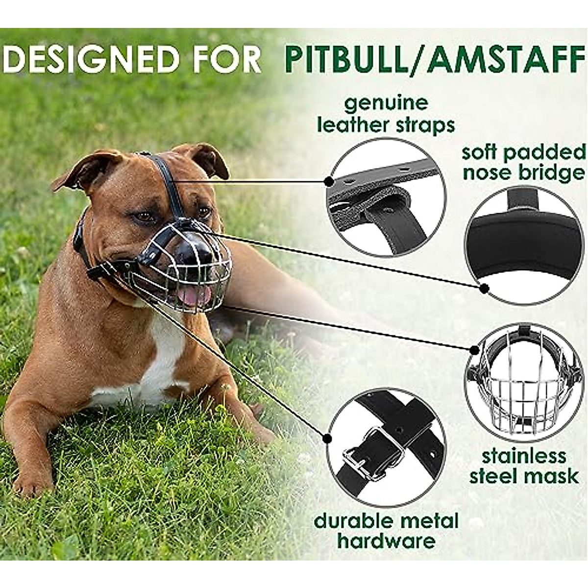 BRONZEDOG Pitbull Dog Muzzle Metal Mask Amstaff Wire Basket Pit Bull Adjustable Leather Straps for Large Dogs (Steel)