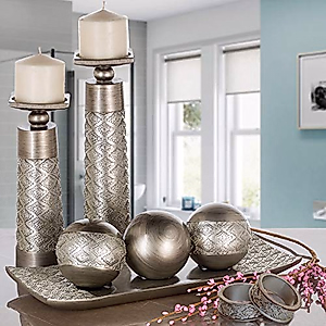 Creative Scents Dublin Decorative Tray and Orbs Balls Set - Centerpiece Bowl with Balls for Dining Room Table, Rustic Decorated Spheres Kit for Living Room Coffee Table, Gift Boxed (Brushed Silver)