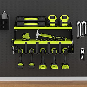 S SKSTYLE Power Tool Organizer - 5 Drill Holder, Wall Mount Shelf, Drill Shelf, Tool Shelf, Jobber Bit Workshop Rack - Premium Garage Storage & Organization, Cordless Drill Charging Station, Green