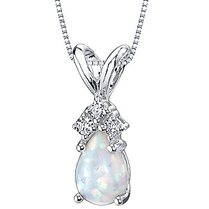 PEORA 14K White Gold Created White Opal with Genuine Diamonds Pendant for Women, Dainty Teardrop Solitaire, Pear Shape, 7x5mm