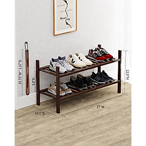 VOPOG Shoe Rack, 2-Tier Bamboo Shoe Rack for Front Door Entrance with Shoe Horn, Stackable Shoe Rack Organizer Shoe Shelf for Entryway, Hallway, Bathroom, and Closet Shoe Organizer - Brown