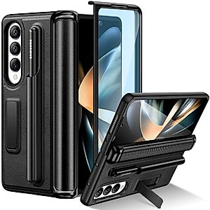 VEGO for Galaxy Z Fold 4 Case with S Pen Holder, Metal Kickstand Case with [Hinge Protection & Screen Protector], PU Leather Protective Case for Samsung Z Fold 4 5G 2022 New Released - Midnight Black