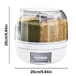 Rice Storage Container 360° Rotating Food Dispenser,7 pounds Large Capacity 6-Grid Rice Bucket Rotating Food Dispenser, Food Storage Containers With Lids Airtight,Moisture-Proof Grains Dispenser