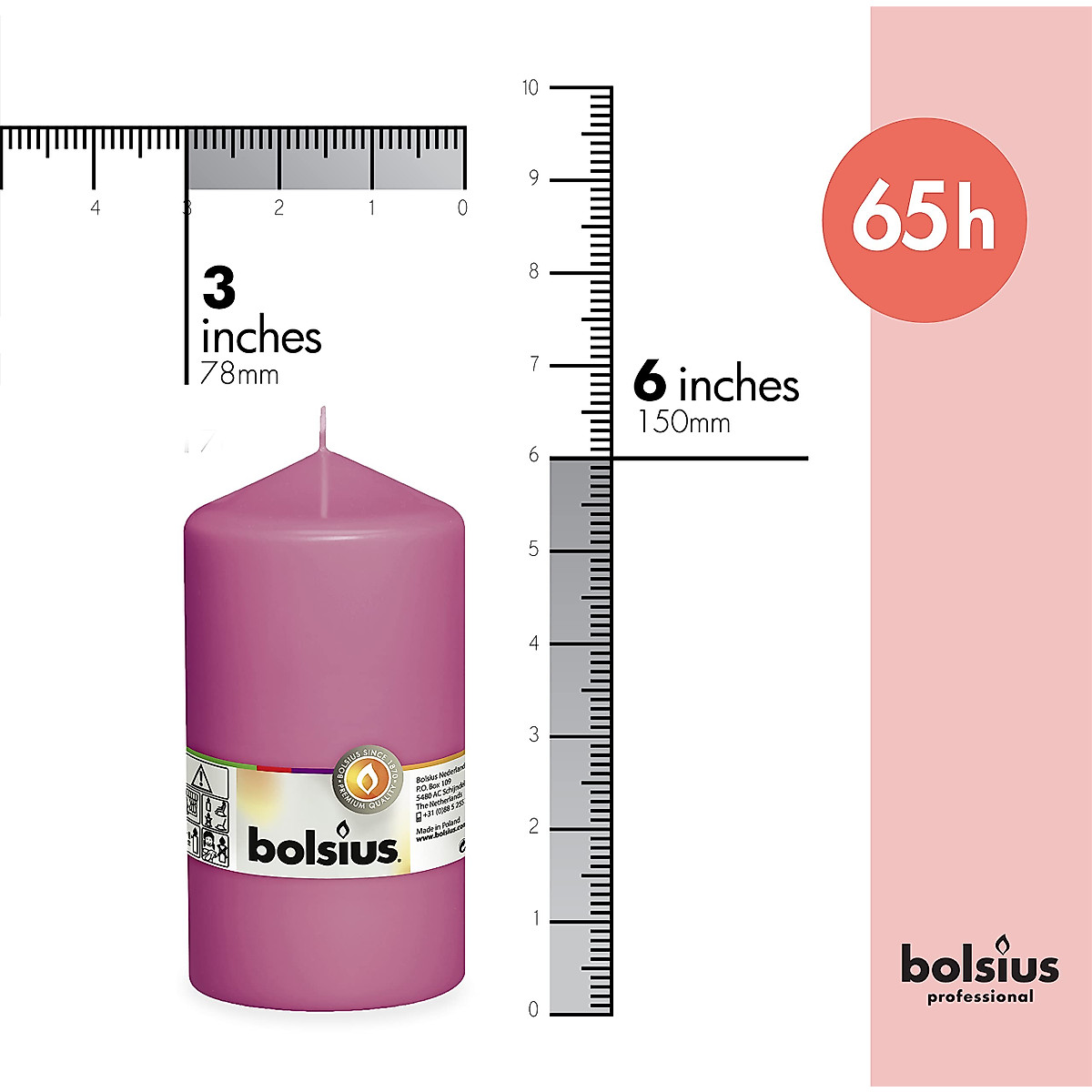 BOLSIUS 4 Pink Pillar Candles - 3x6 Inches - Individually Wrapped - Premium European Quality - 65+ Burn Hours - Dripless & Smokeless Smooth Flame - Unscented Dinner, Wedding, Party, & Décor Candles