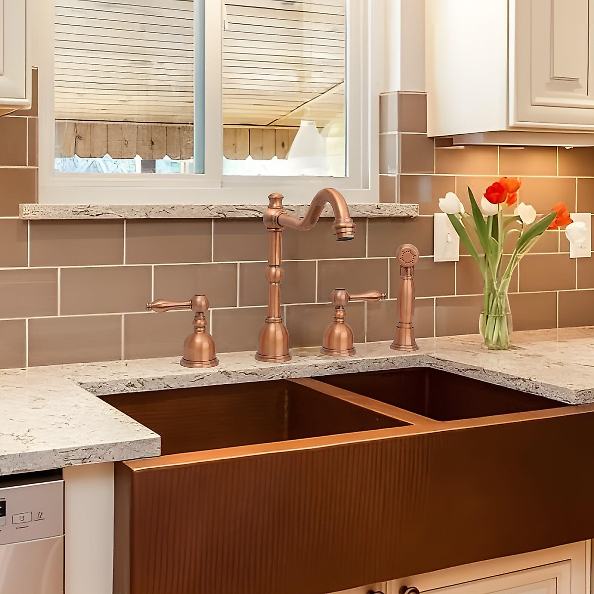 Two-Handles Copper Widespread Kitchen Faucet with Side Sprayer - 8.3 * 9.8"