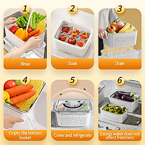 Mowdug 4 Pack Fruit Storage Containers with Removable Colanders for Fridge, BPA-Free, Vegetable Saver Container with Lid, Colander, Vent and Handle, Keep Fruits, Vegetables, Berry, Meat Fresh longer