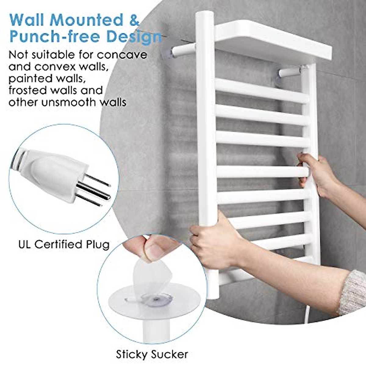 MAT EXPERT Towel Warmer Rack, Electric Towel Dryer Rack w/8 Bars, 110W Wall Mounted Towel Heater, Aluminum Alloy Restroom Rack, Cloth Towel Heating Drying Rack w/Top Tray for Home Washroom