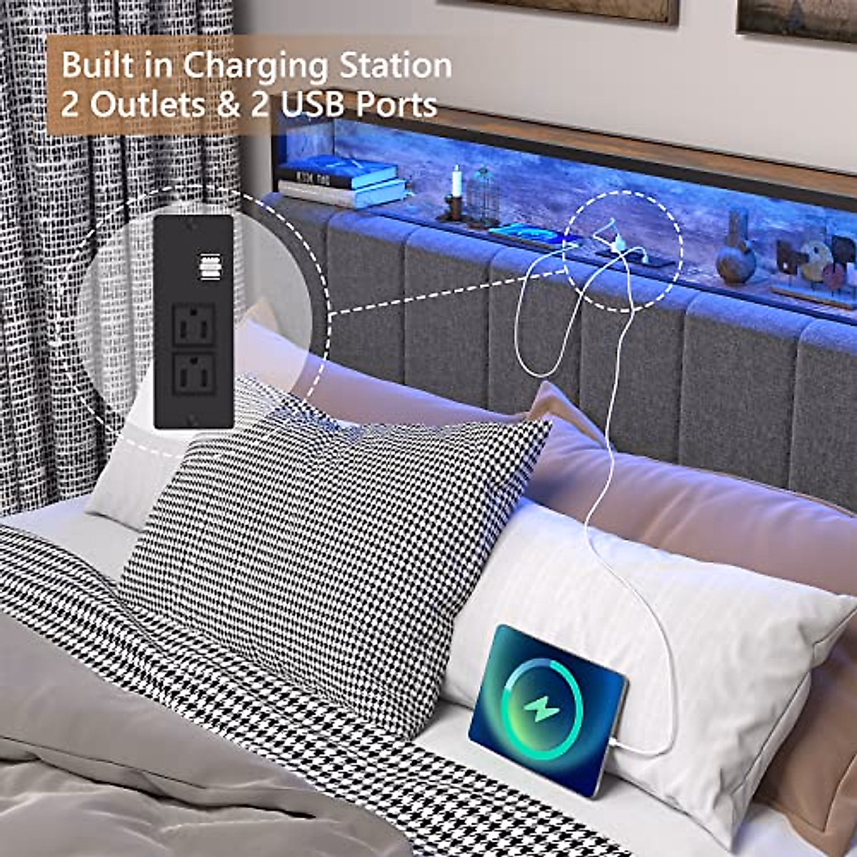 Meitewei Queen Bed Frame with Hidden Storage Headboard and 2 Drawers, LED Smart Bed Frame with Charging Station, Metal Platform Bed Frame Queen Size, No Box Spring Needed, Noise Free, Black